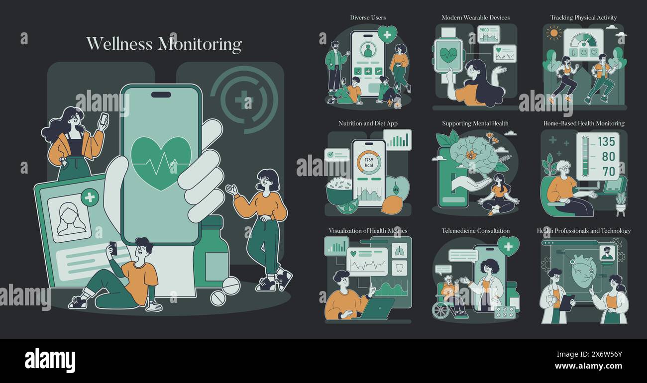 Wellness Monitoring concept. An array of health tracking activities ...