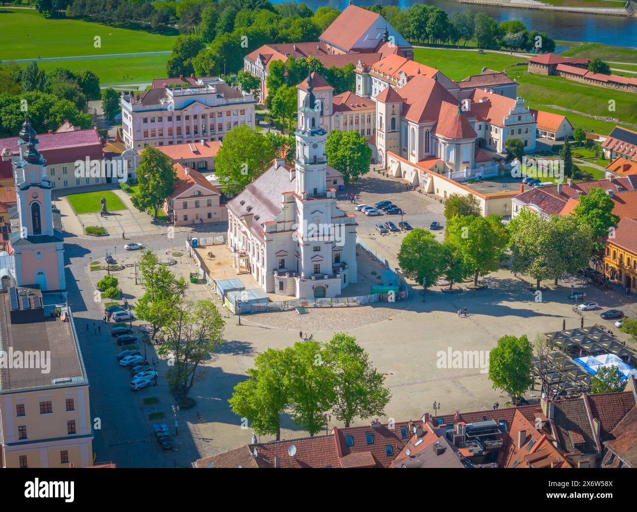 Town hall and square in Kaunas old town, Lithuania. Panoramic drone ...