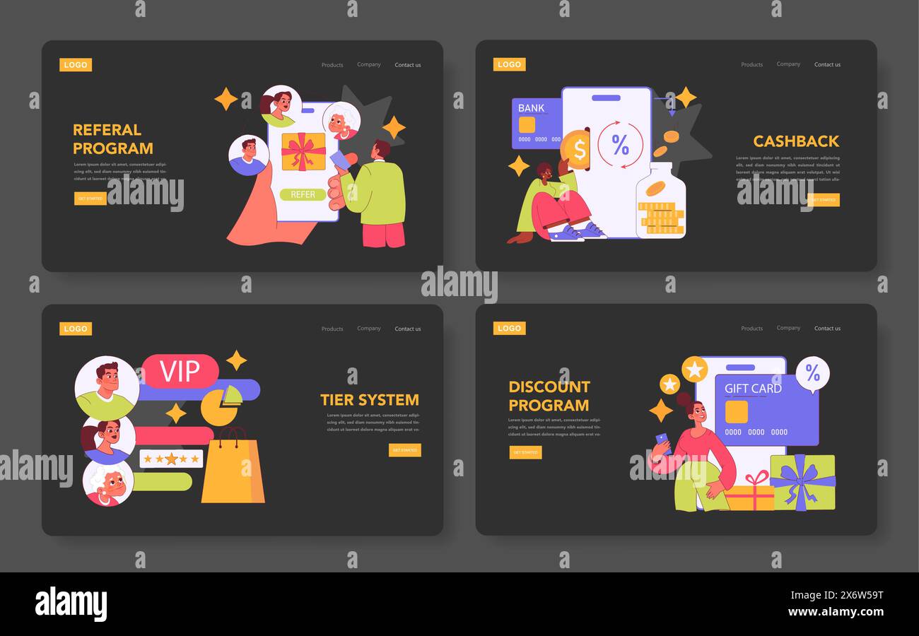 Loyalty program set. Cashback savings, inclusive disability rewards, and referral benefits ...