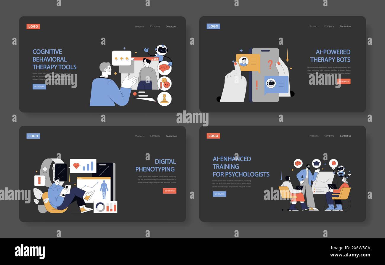 AI in Psychology set. Digital tools transforming mental health practices, with therapy bots and ...