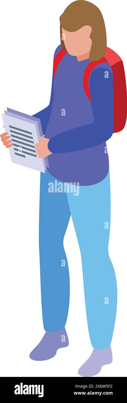 Isometric illustration of a student holding papers, wearing a backpack ...