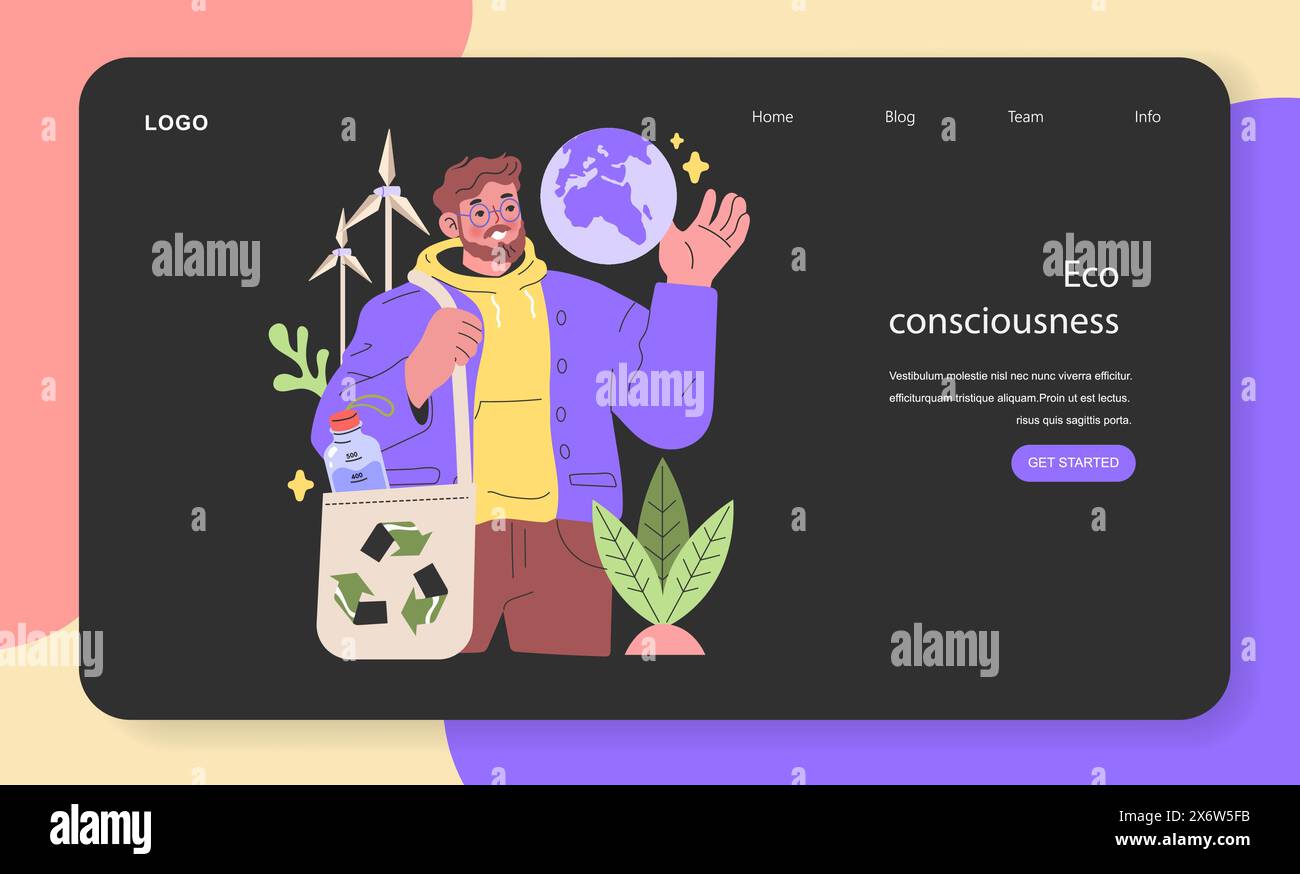 Eco-consciousness concept. Man with reusable bag and globe, reflecting ...