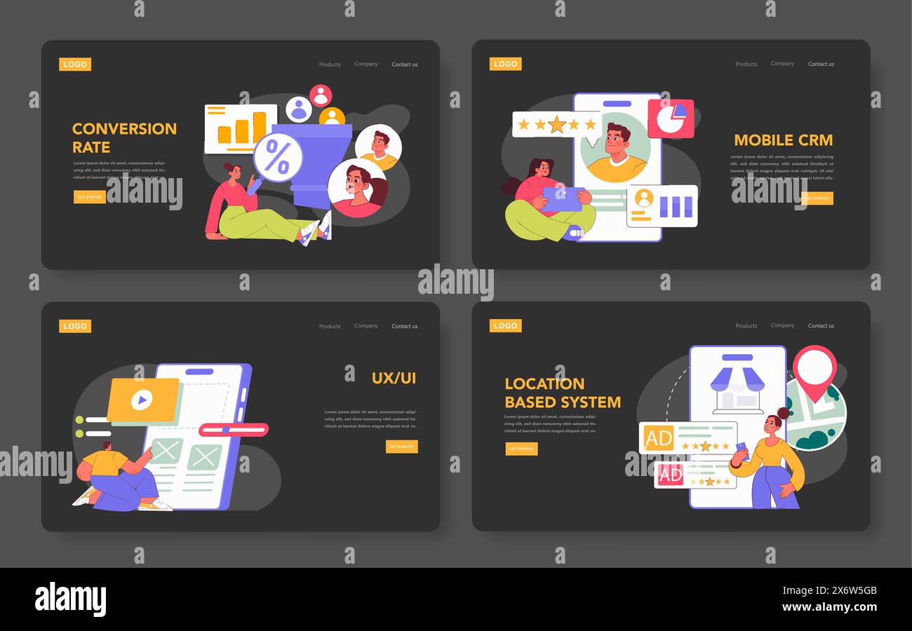 Mobile marketing set. Strategies for conversion rate, CRM, UX UI, and ...