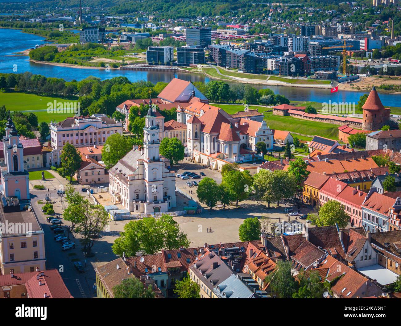 Town hall and square in Kaunas old town, Lithuania. Panoramic drone ...