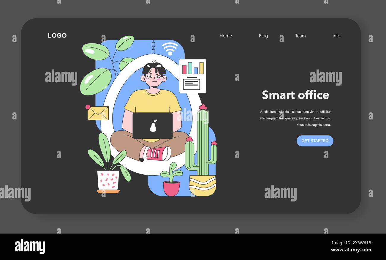 Digital workspace ambiance. A focused man with laptop amid floating ...