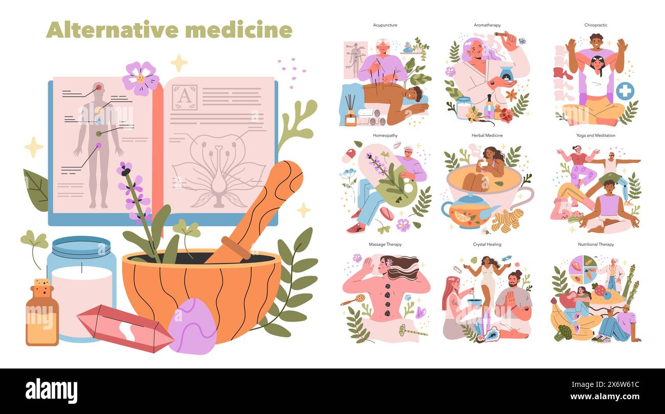 Alternative Medicine concept. Illustration presenting diverse holistic ...