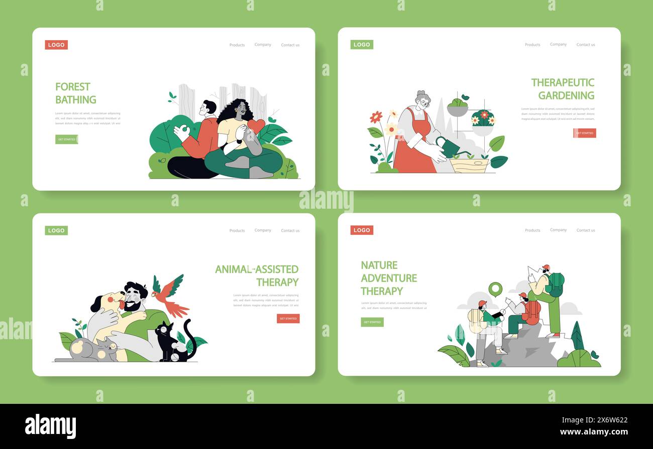 Eco-Therapy set. Illustration of people engaging with nature for ...