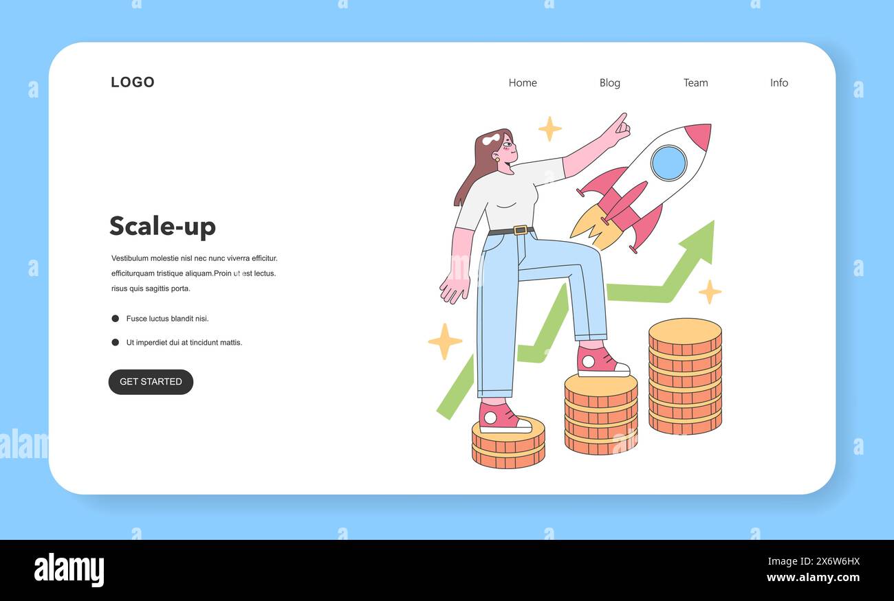 Scale-up concept. Ambitious woman atop coin stacks, aiming higher as ...