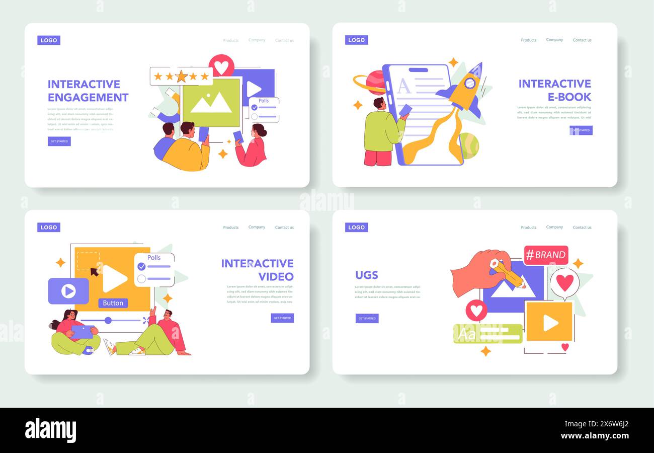 Interactive Engagement set. Illustrations depicting active user interaction with digital content ...