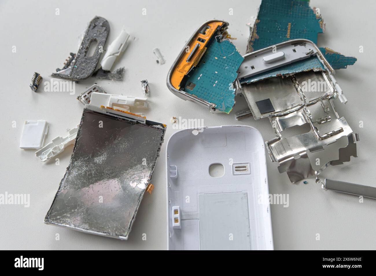 The insides of a dropped smartphone. An unusable smartphone. View from ...