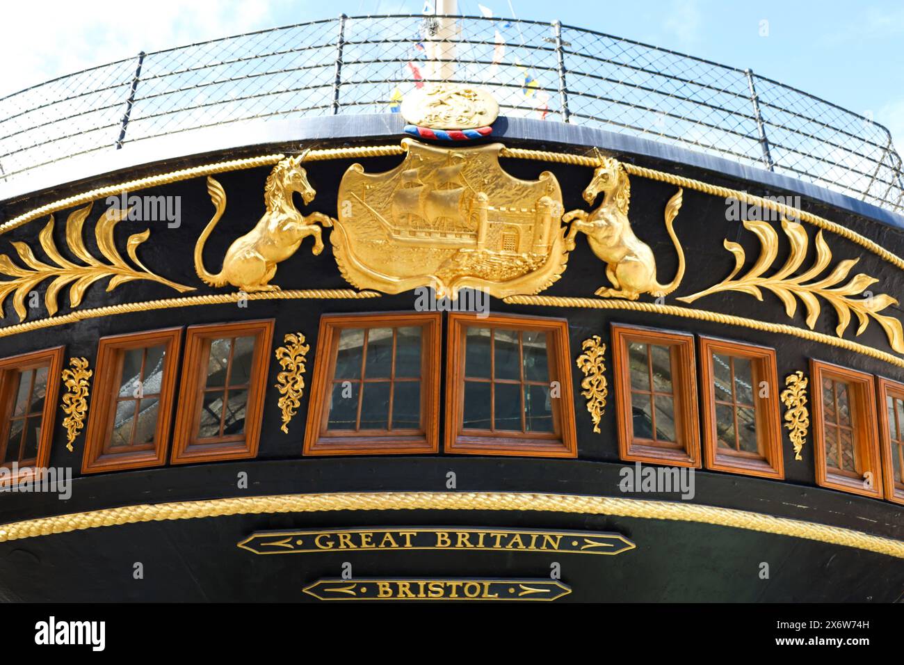 Bristol, England- March 29, 2024: Carved wood details of the stern of ...