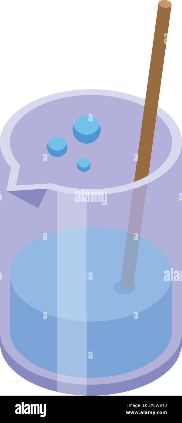 3d isometric illustration of a laboratory beaker filled with a blue ...