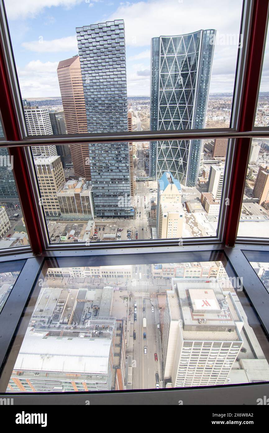 Calgary Alberta Canada, April 03 2024: Calgary Tower looking down view ...