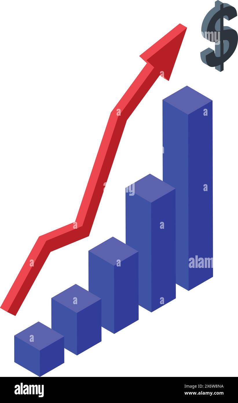 3d illustration of an ascending bar graph with a red arrow and dollar ...