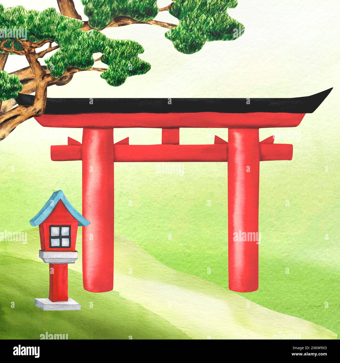 Torii Gate and traditional Red Wooden Lantern. Hand drawn Watercolor ...
