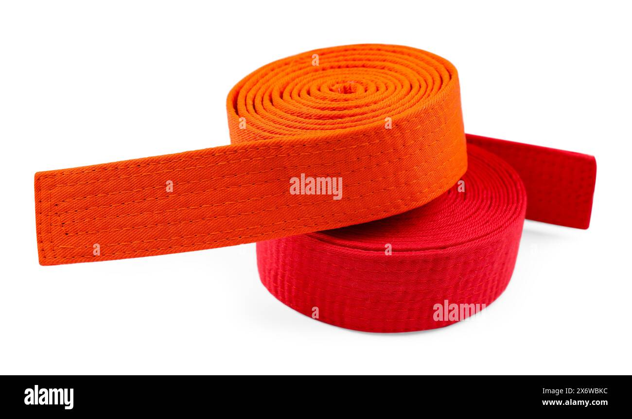 Orange and red karate belts isolated on white Stock Photo - Alamy