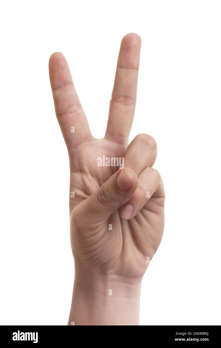 Woman showing v-sign on white background, closeup of hand Stock Photo ...