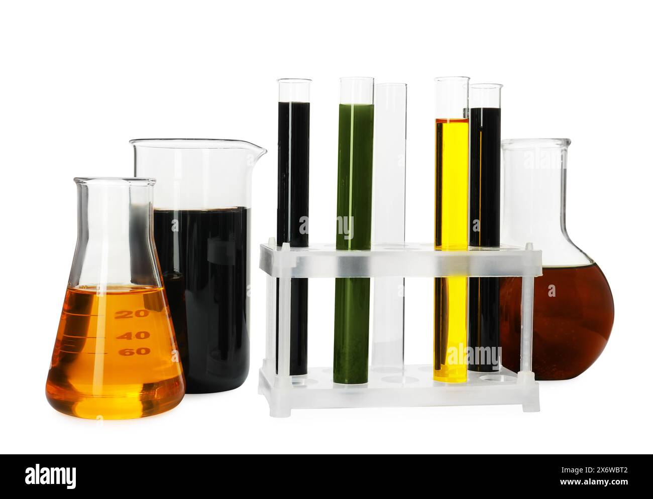 Beaker, test tubes and flasks with different types of oil isolated on ...