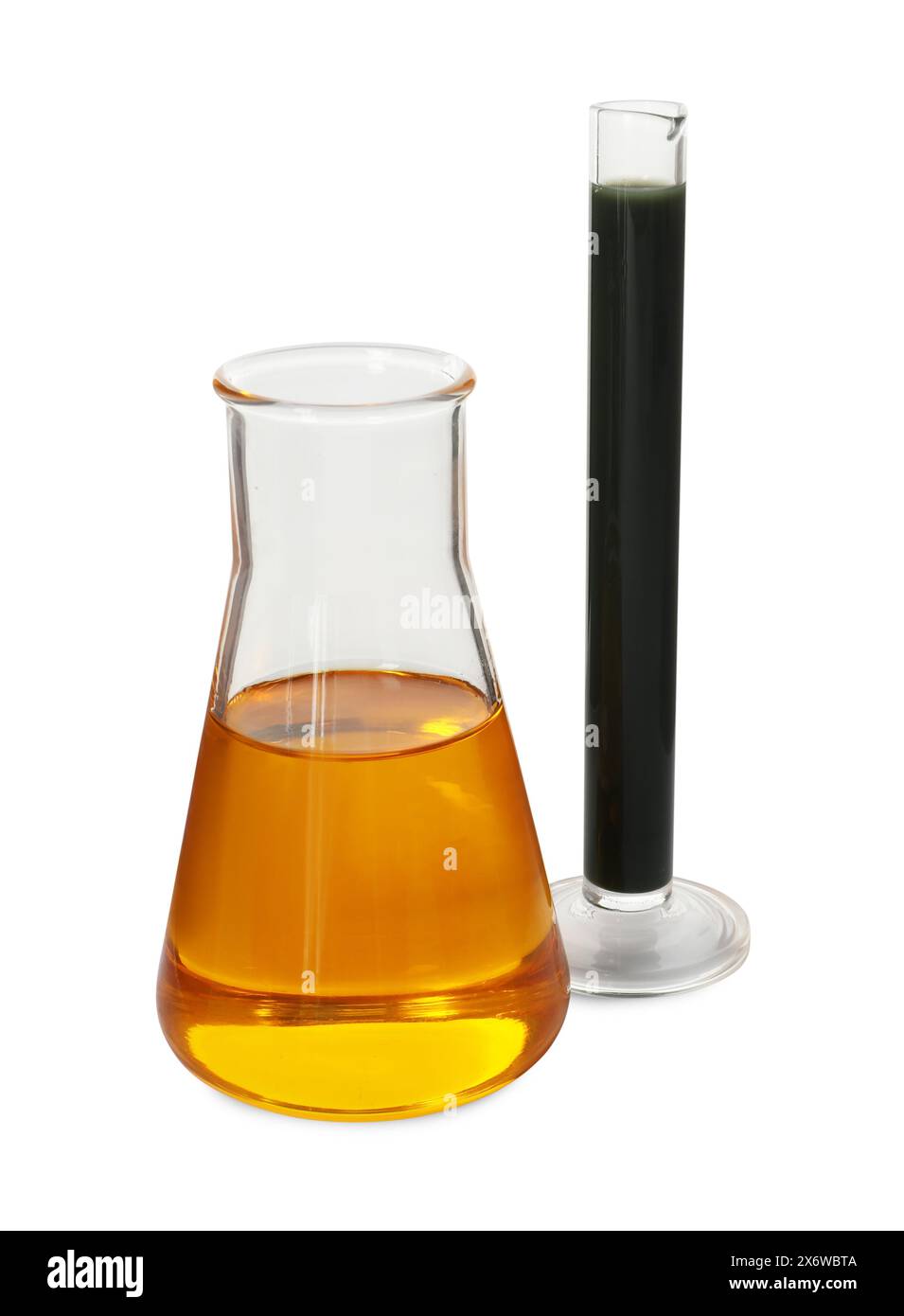 Test tube and flask with different types of oil isolated on white Stock ...