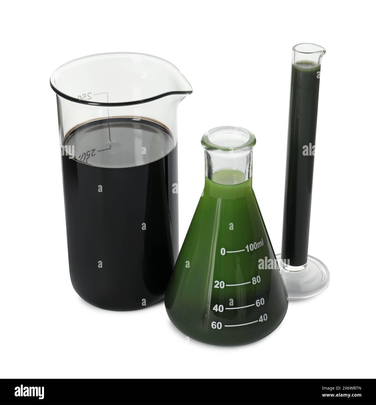 Beaker, test tube and flask with different types of oil isolated on ...