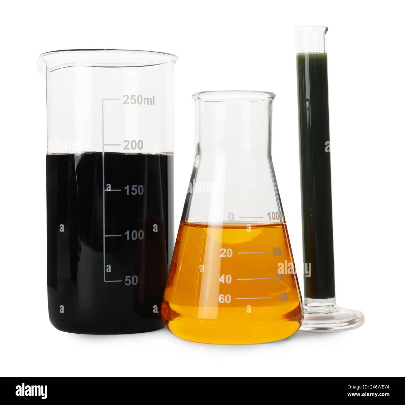 Laboratory glassware with different types of crude oil isolated on ...