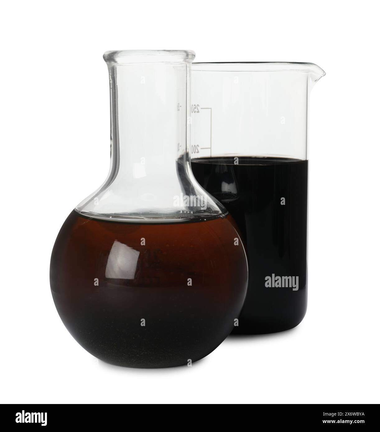 Beaker and flask with different types of crude oil isolated on white ...