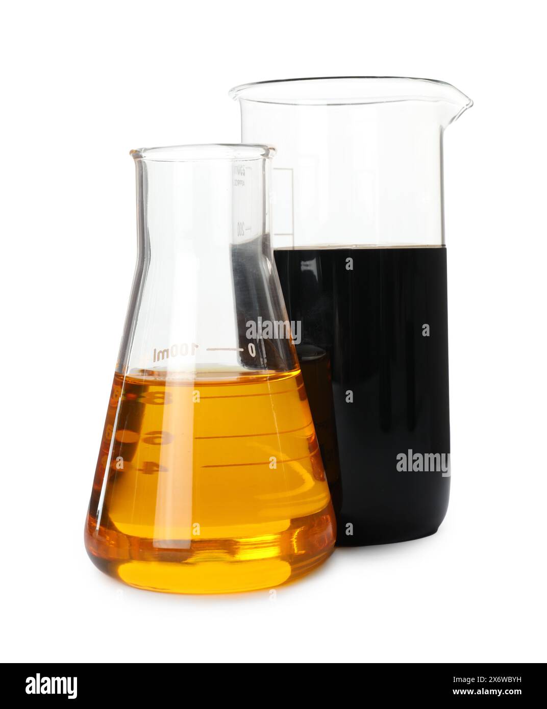 Beaker and flask with different types of crude oil isolated on white ...