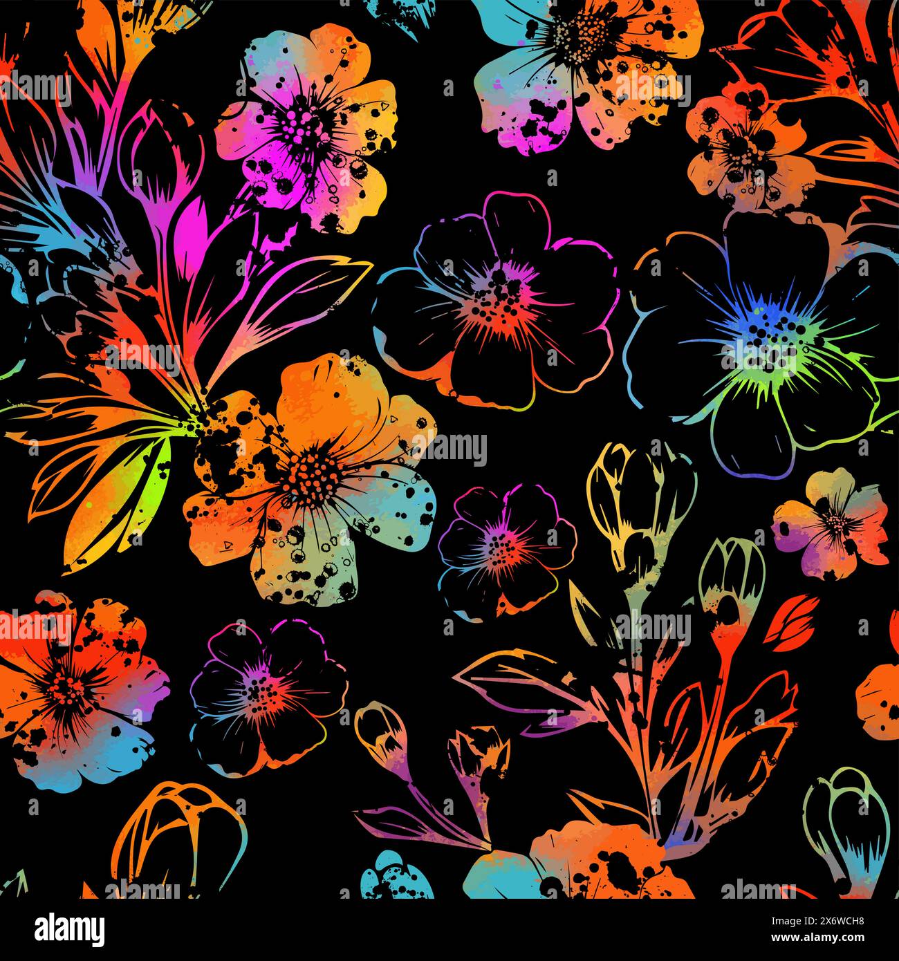 Seamless background of colored flowers on a black background. hand ...