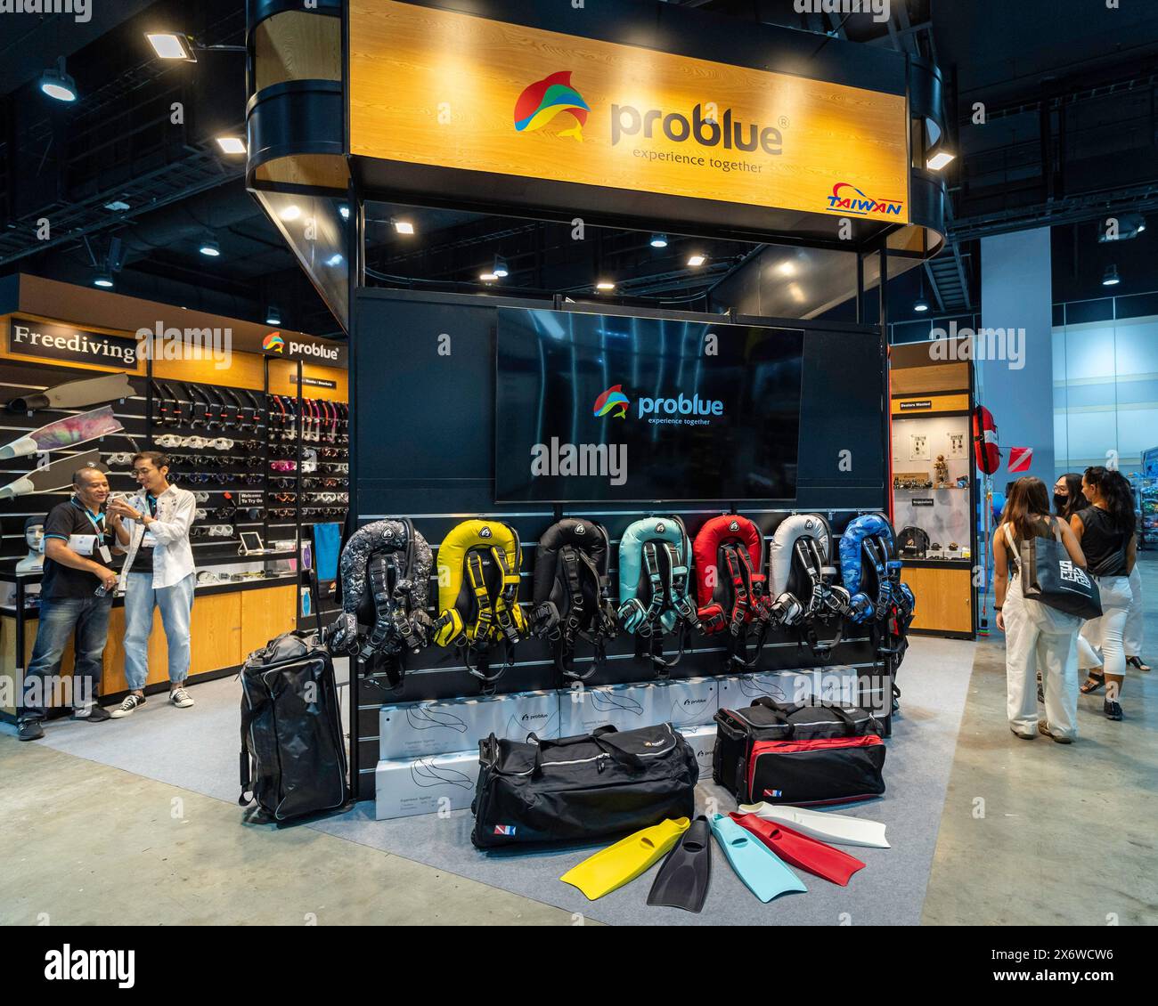 The booth of Problue, for dive gears, at the Queen Sirikit National ...