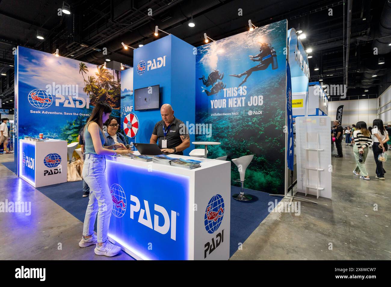 The booth of Padi, which advertises for becoming a diving instructor ...