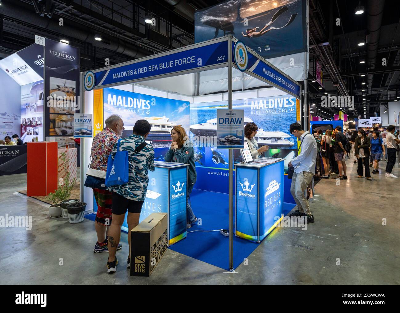 The booth of Maldives Blue Force 3, a liveaboard diving boat, at the ...