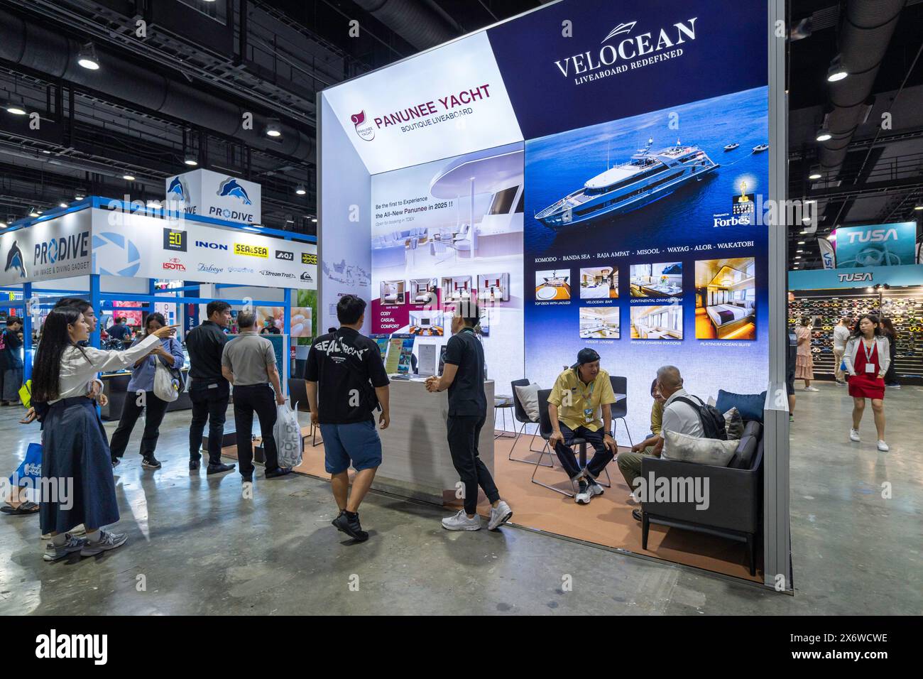 The booth of Velocean, which proposes luxury diving boats, at the Queen ...