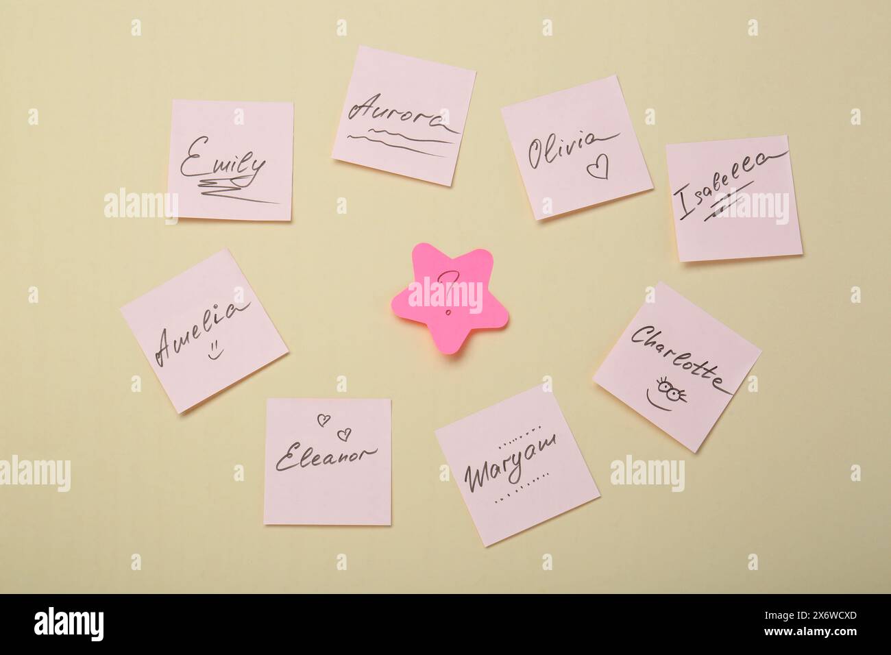 Choosing baby name. Paper stickers with different names and question ...