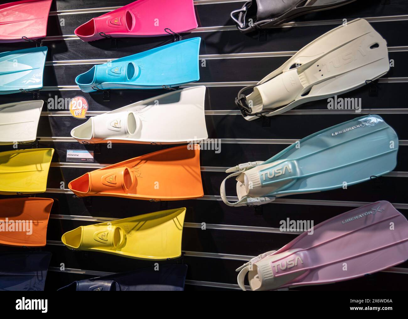 A close-up of multiple diving fins, at the Thailand Dive Expo, at the ...
