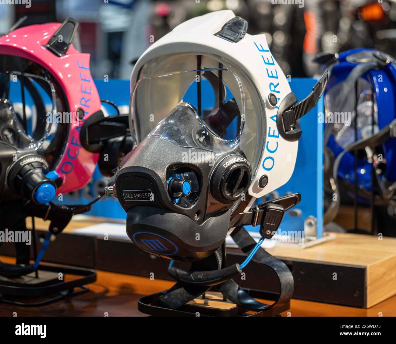 A close-up of a full face mask for diving by the brand Ocean Reef, at ...