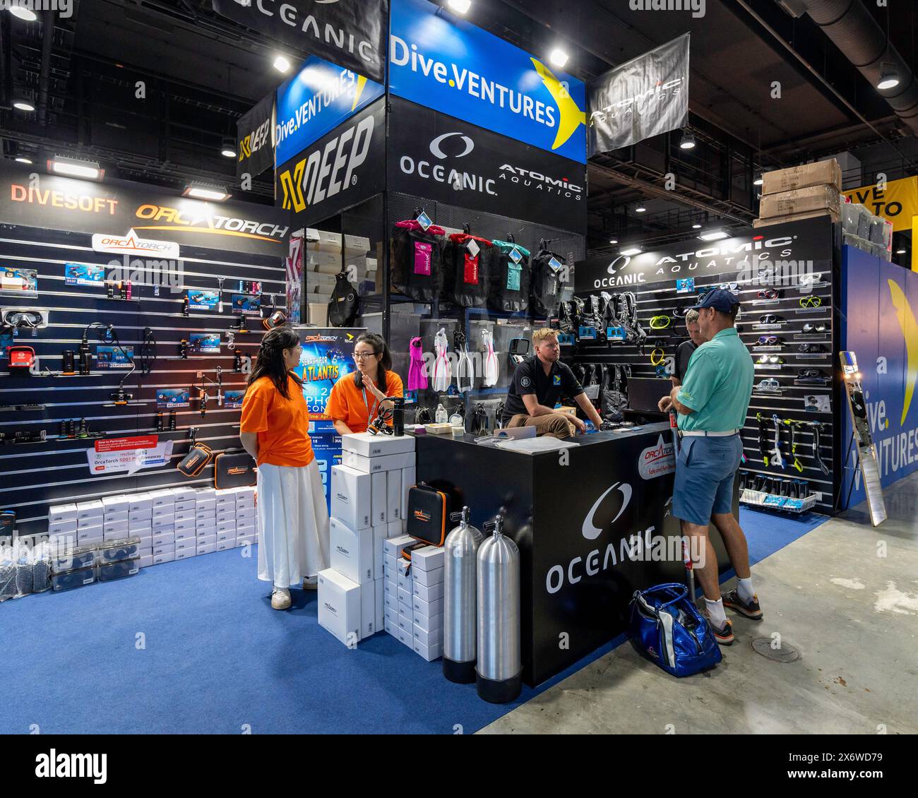The booth of Oceanic, a manufacturer of scuba gear, at the Queen ...