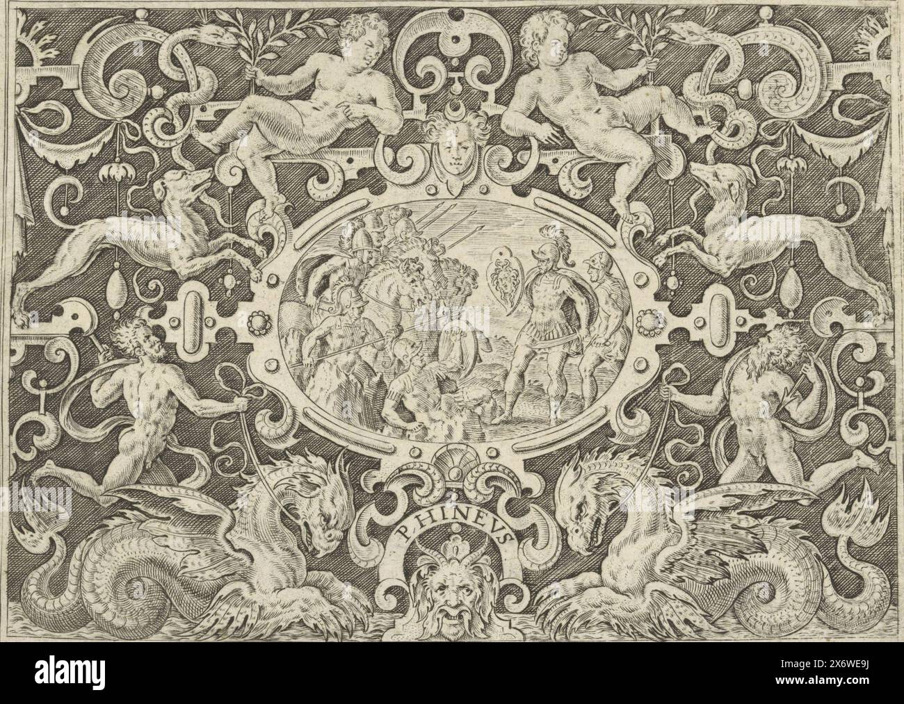 Cartouche: Perseus shows his Medusa shield to Phineus, PHINEUS (title ...