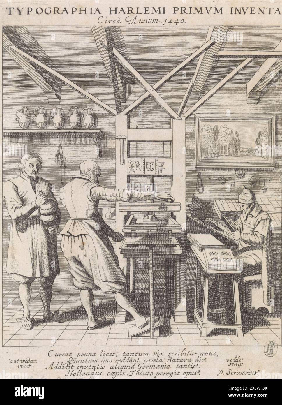 Figures at a printing press, Typographia Harlemi primum inventa cira ...
