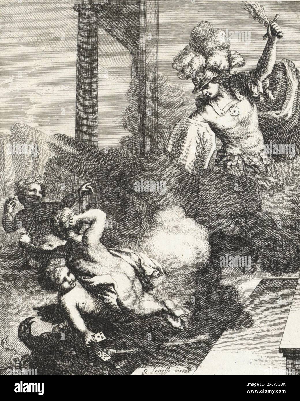 Virtue drives out vices. On the right is the personification of Virtue ...
