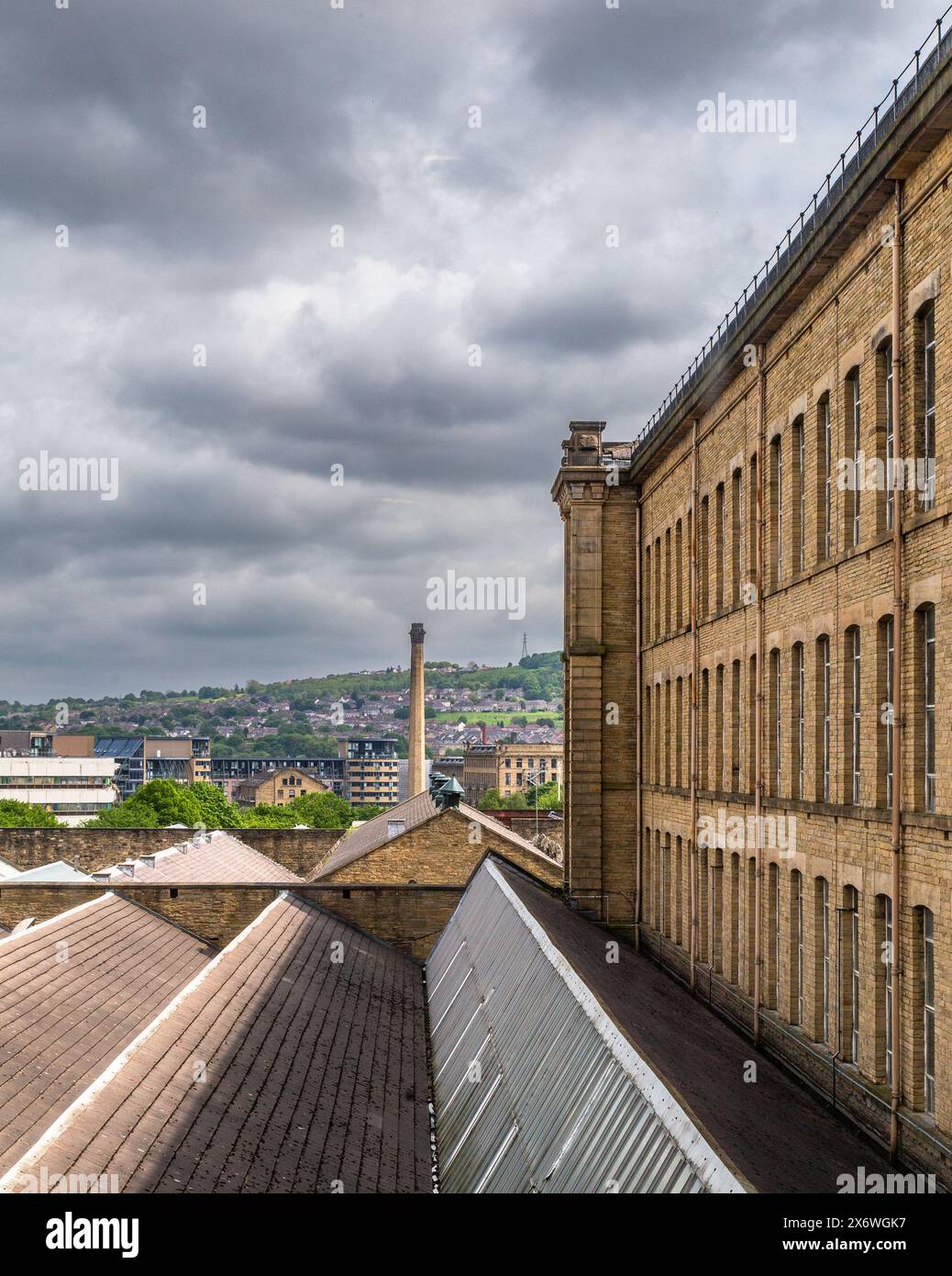 View through the second floor window at Salts Mill, Saltaire. This ...