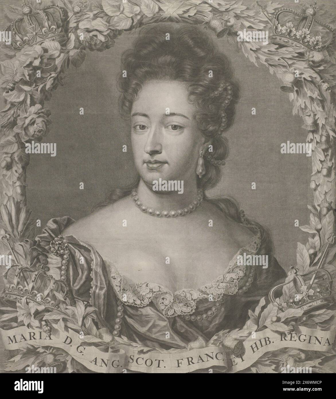 Portrait of Mary II Stuart, Portrait of Mary II in an oval of flowers ...