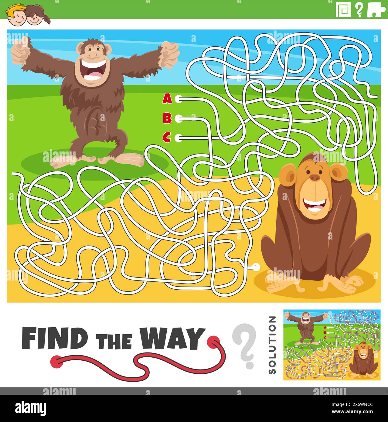 Cartoon illustration of find the way maze puzzle activity with funny ...