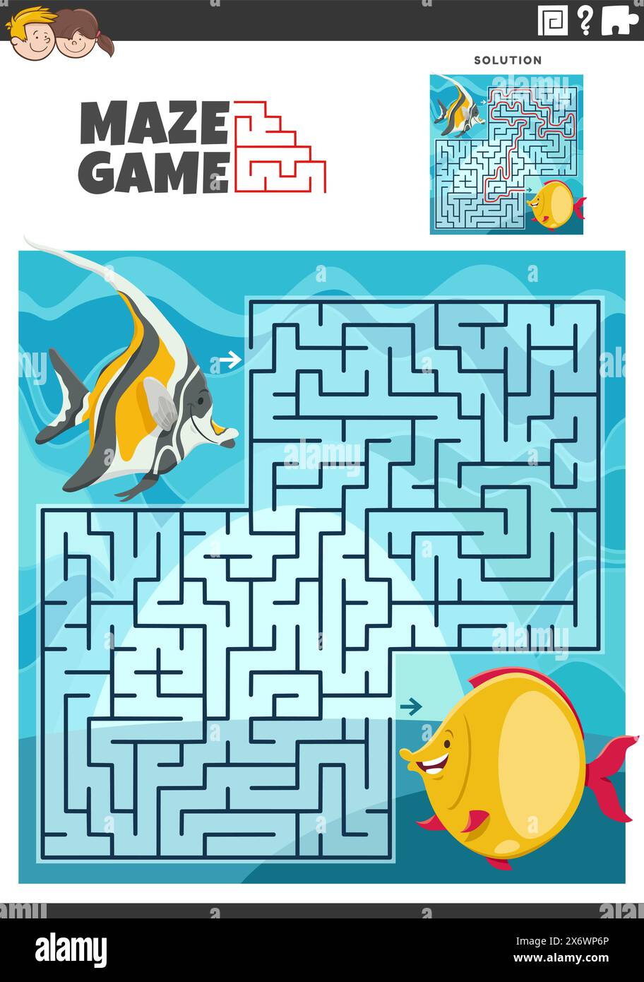 Cartoon illustration of educational maze puzzle game with fish marine ...