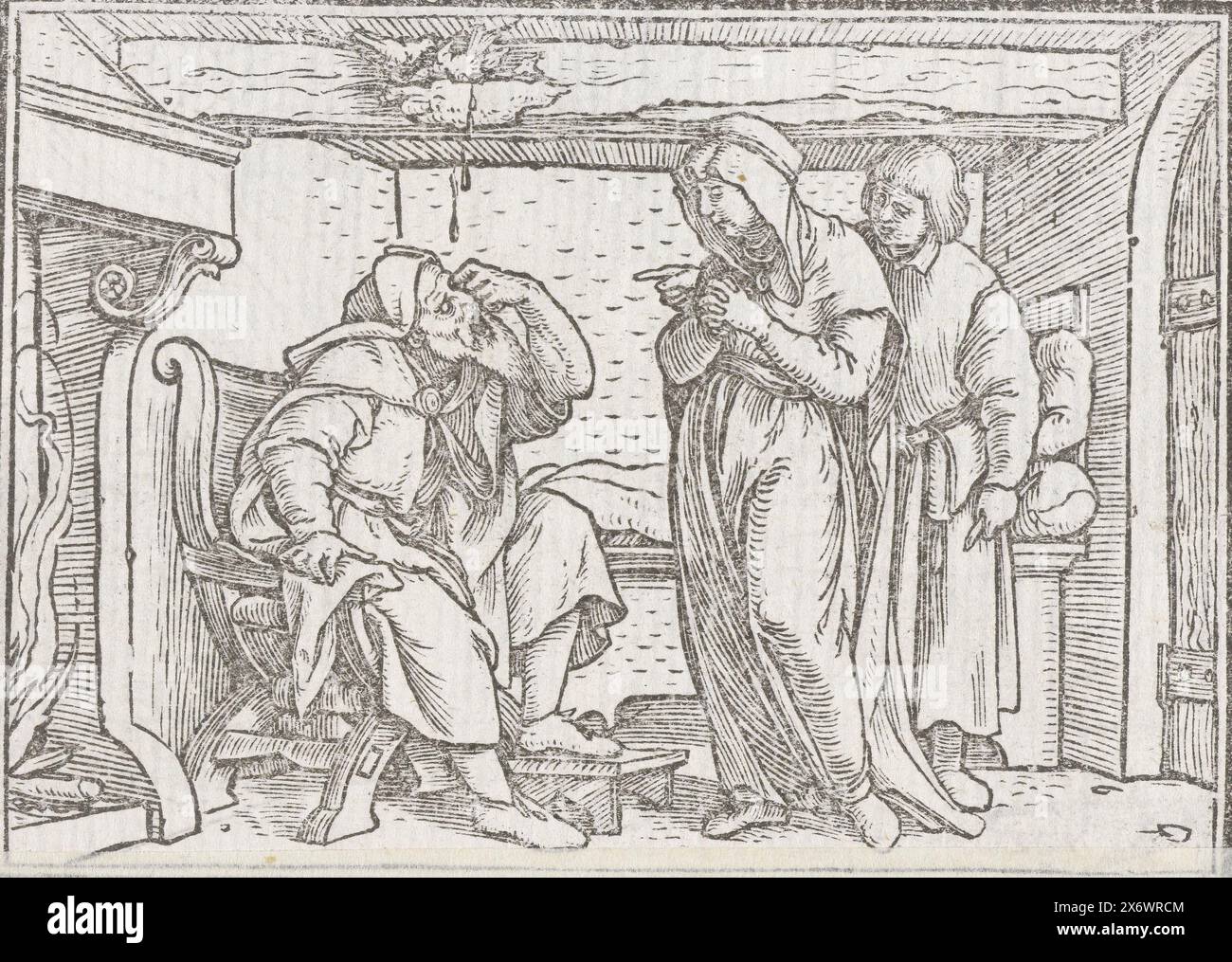 Tobit goes blind, Tobit is sitting in a chair next to the fireplace ...