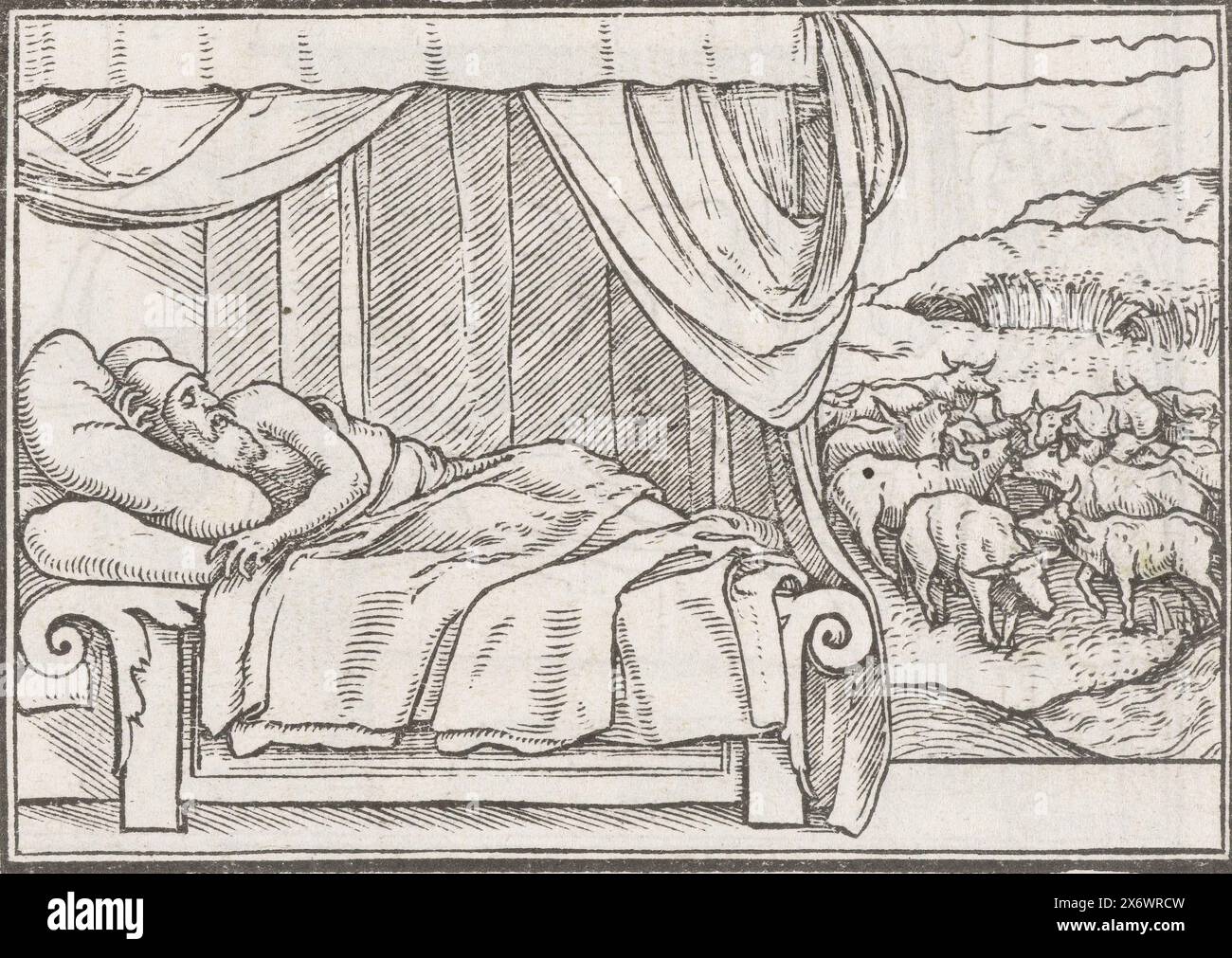 Dream of Pharaoh, Pharaoh is sleeping in his bed. Next to the sleeping ...