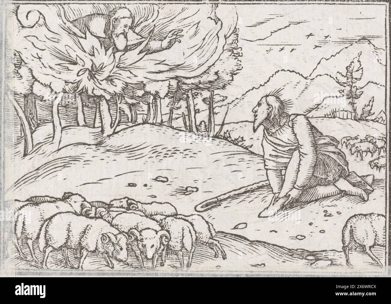 Moses and the Burning Bush, Moses is sitting on Mount Horeb with his ...