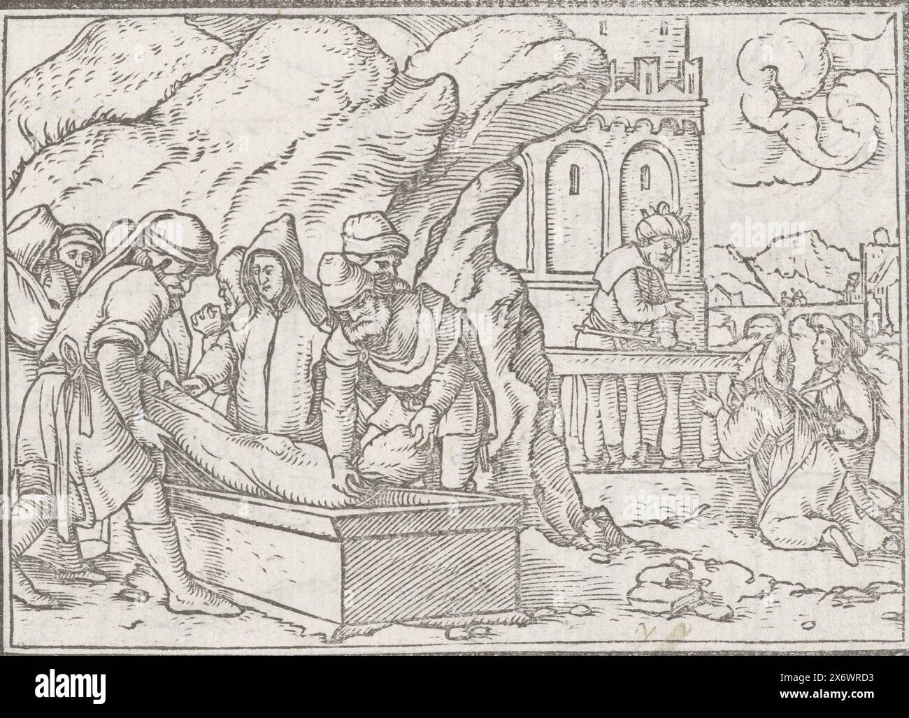 Burial of Joseph, Joseph's dead and embalmed body is placed in a coffin ...