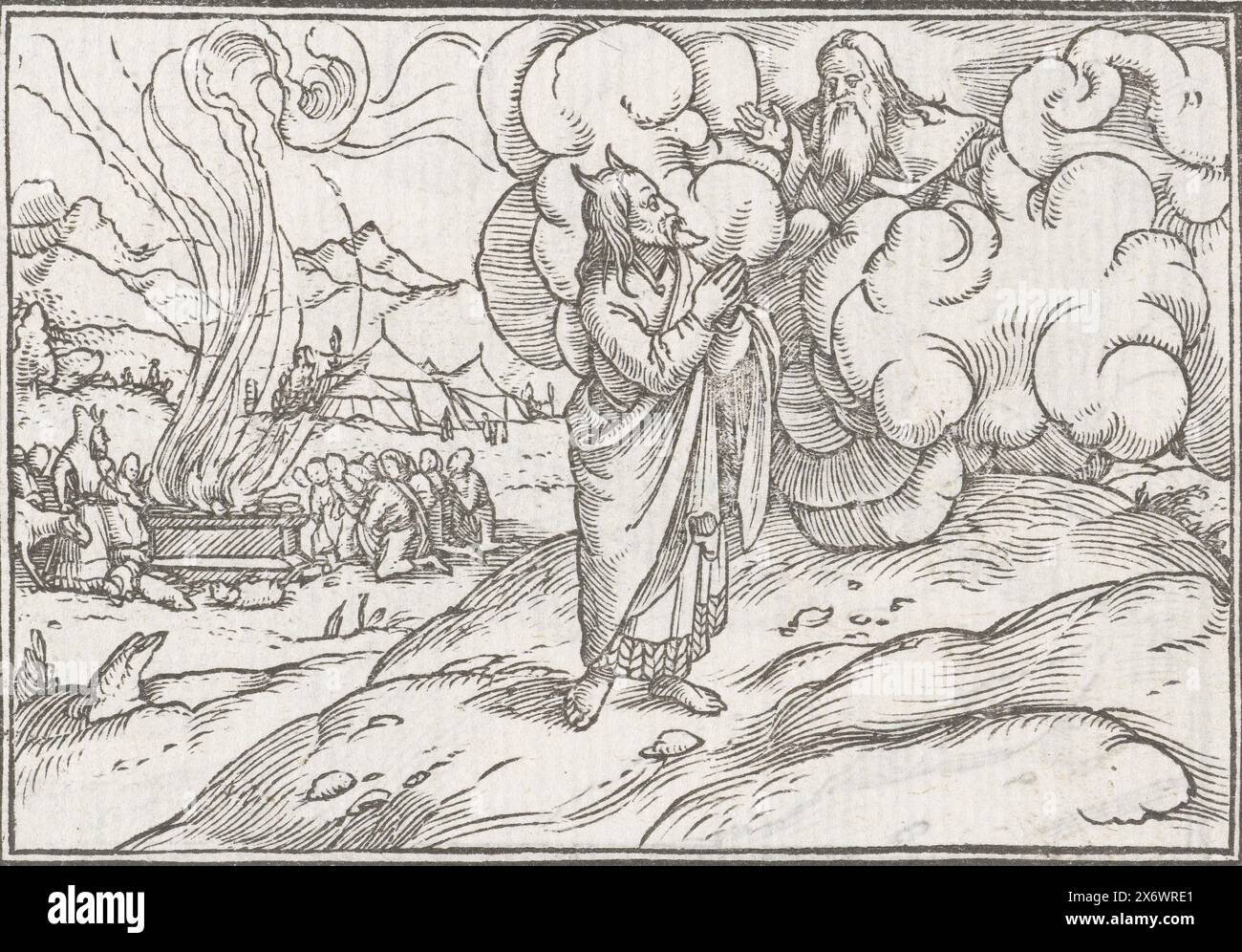 Moses learns from God how the Israelites should sacrifice, Moses kneels ...