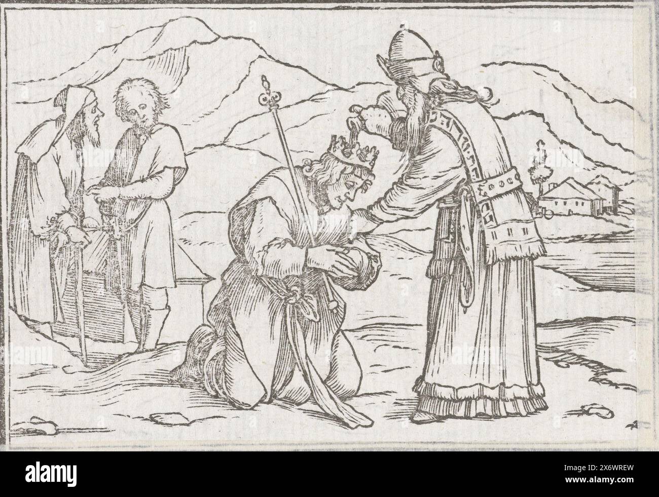 Samuel anoints Saul as king, Saul kneels before Samuel with a crown on his head and a scepter in ...