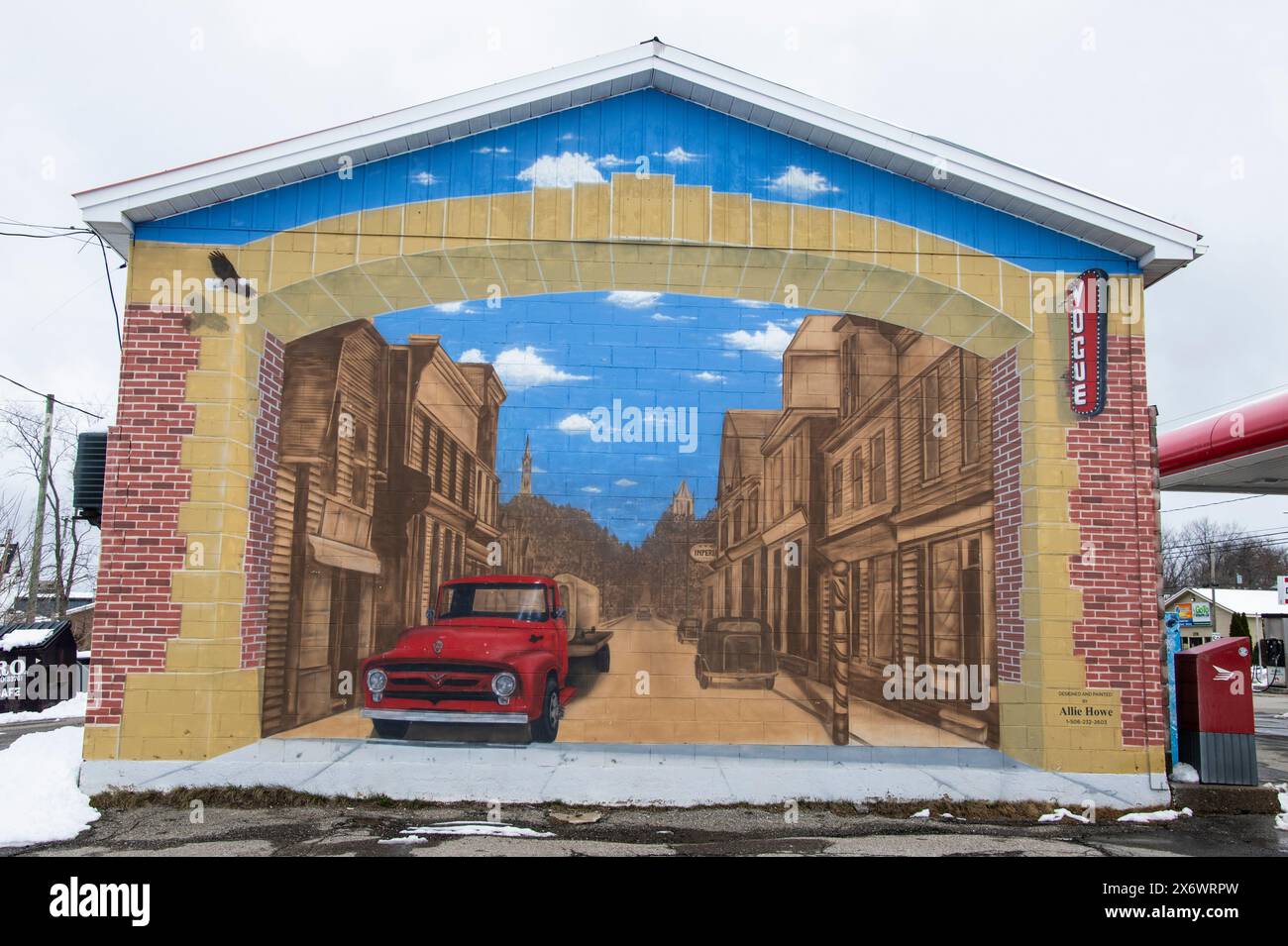 Vintage red truck mural on garage in Miramichi, New Brunswick, Canada ...